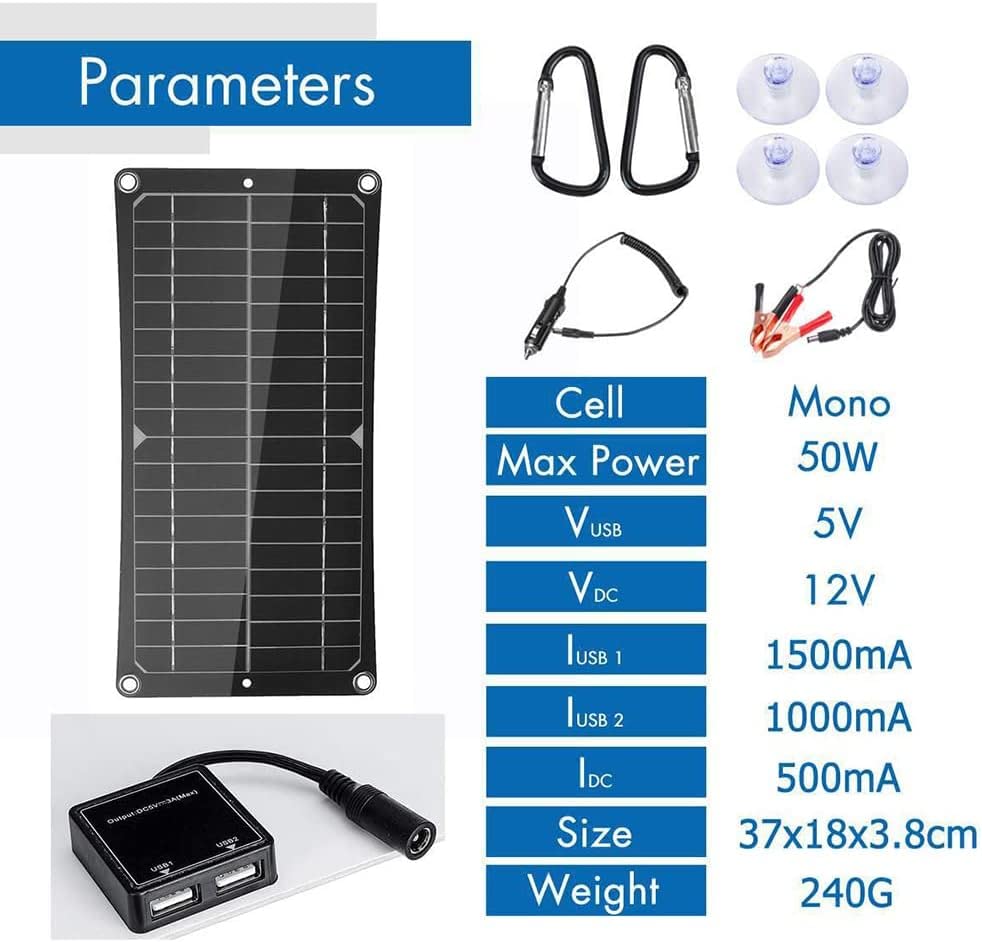 Solar Panel Solar Panel Kit 50W 18V Battery Charger Monocrystalline Pv Module with Solar Panel + Solar Controller + Car Charger + Battery Clip + Carabiner + Suction Cup, for Rv Camping Trail
