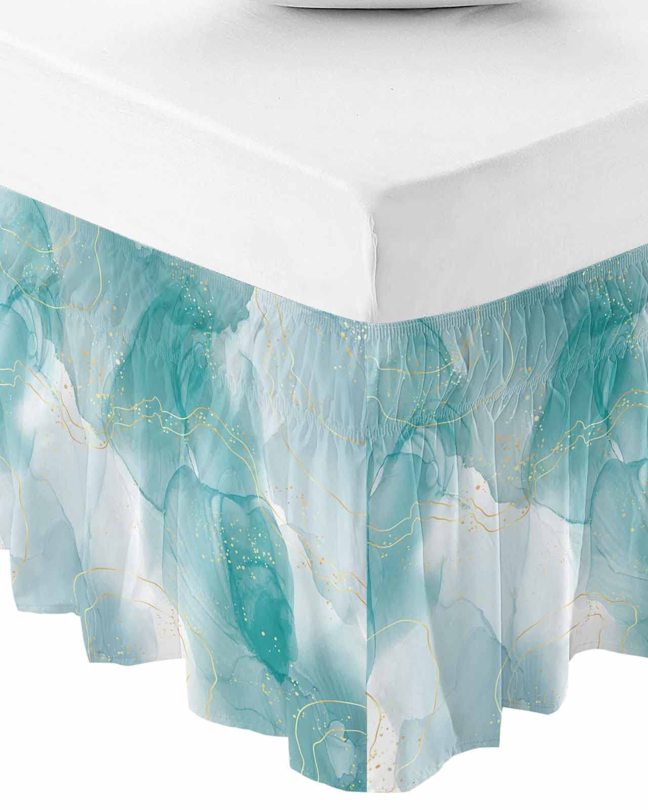 Marble Agate Bed Skirt Queen Size 16 Inch Drop, Adjustable & Elastic Wrap Around Bed Skirts Pleated Luxury Dust Ruffles for Twin Full Queen Cal King Base Bed, Marbling Gold Gradient Aqua Turquoise