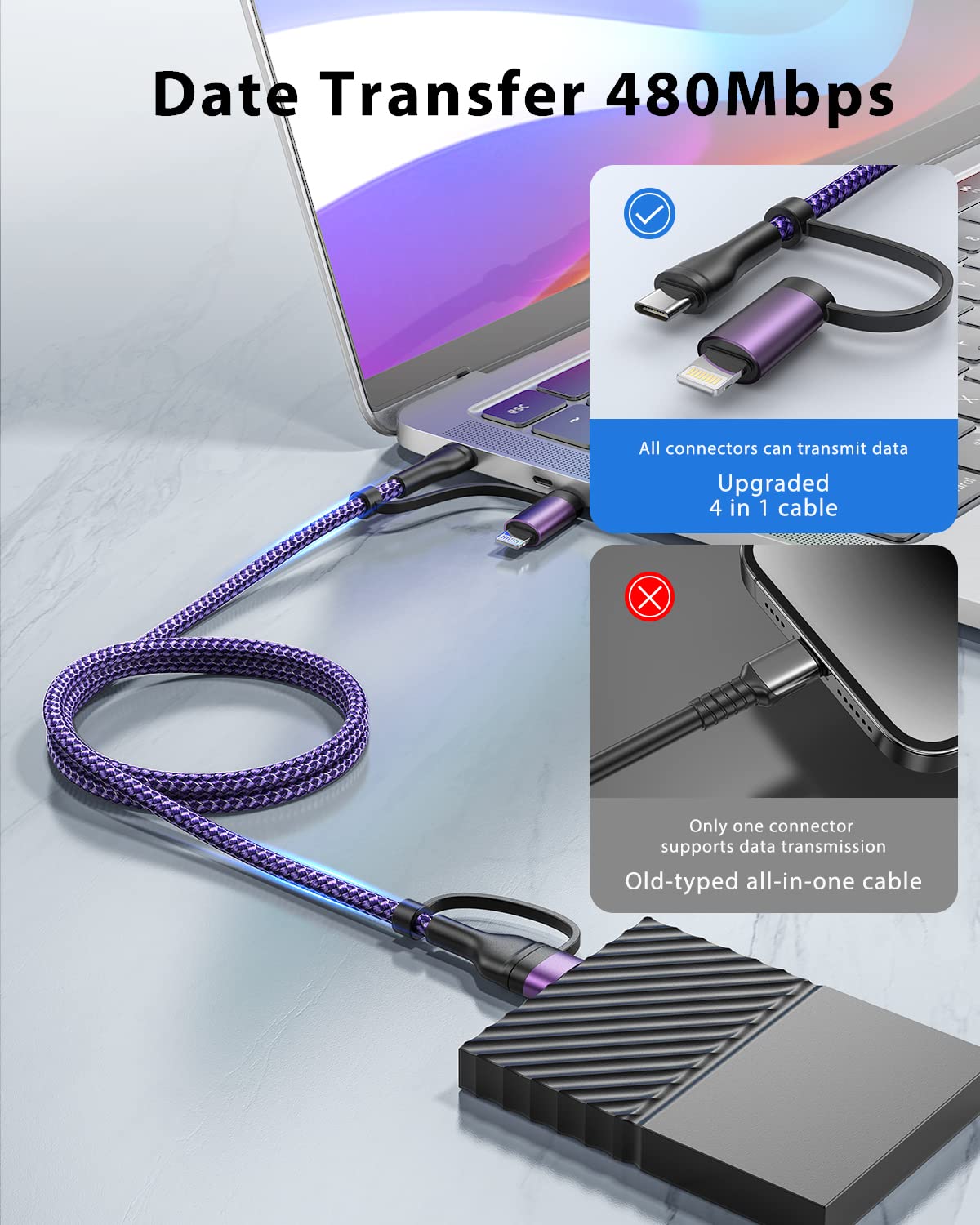 4 in 1 Fast Charging Cable 60W 6FT Apple MFi Certified USB C to Lightning Cable Nylon Braided USB A/C to C/Lightning Cable Multi iPhone Charger Cord for iPhone 16 15 14 13 Pro/iPad/Samsung/MacBook