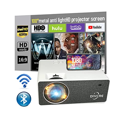 Native 1080P WiFi Bluetooth Projector(with 100" Metal Anti Light Screen),DIVCRE 9000L Full HD 220" Portable Projector , Home Theater Video Projector,Compatible with iOS,Android,HDMI,VGA,USB,AV