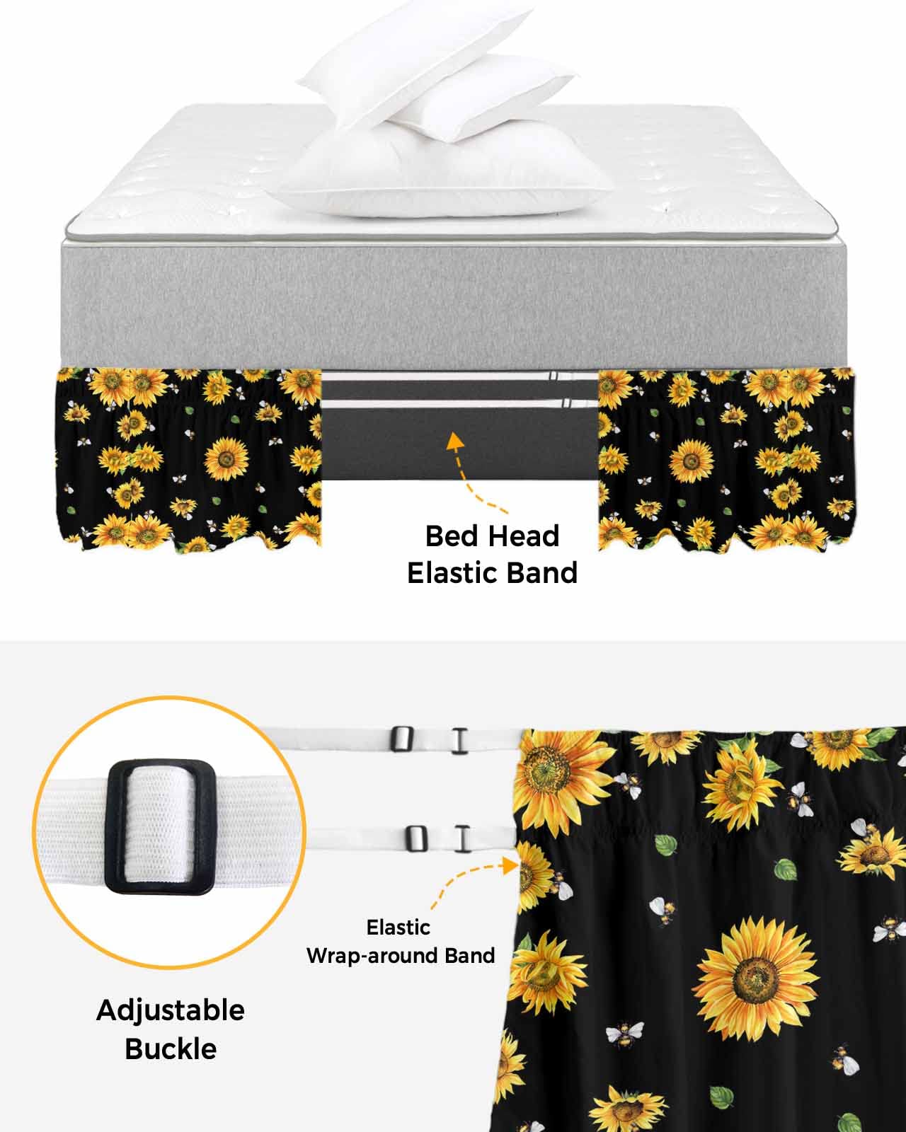 Sunflower Bee Bed Skirt King Size 16 Inch Drop, Adjustable & Elastic Wrap Around Bed Skirts Pleated Luxury Dust Ruffles for Twin Full Queen Cal King Base Bed, Rustic Spring Floral Flowers Black