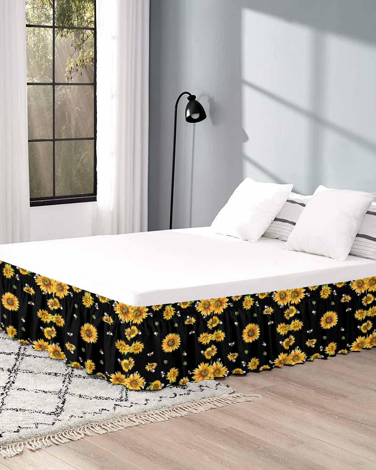 Sunflower Bee Bed Skirt King Size 16 Inch Drop, Adjustable & Elastic Wrap Around Bed Skirts Pleated Luxury Dust Ruffles for Twin Full Queen Cal King Base Bed, Rustic Spring Floral Flowers Black
