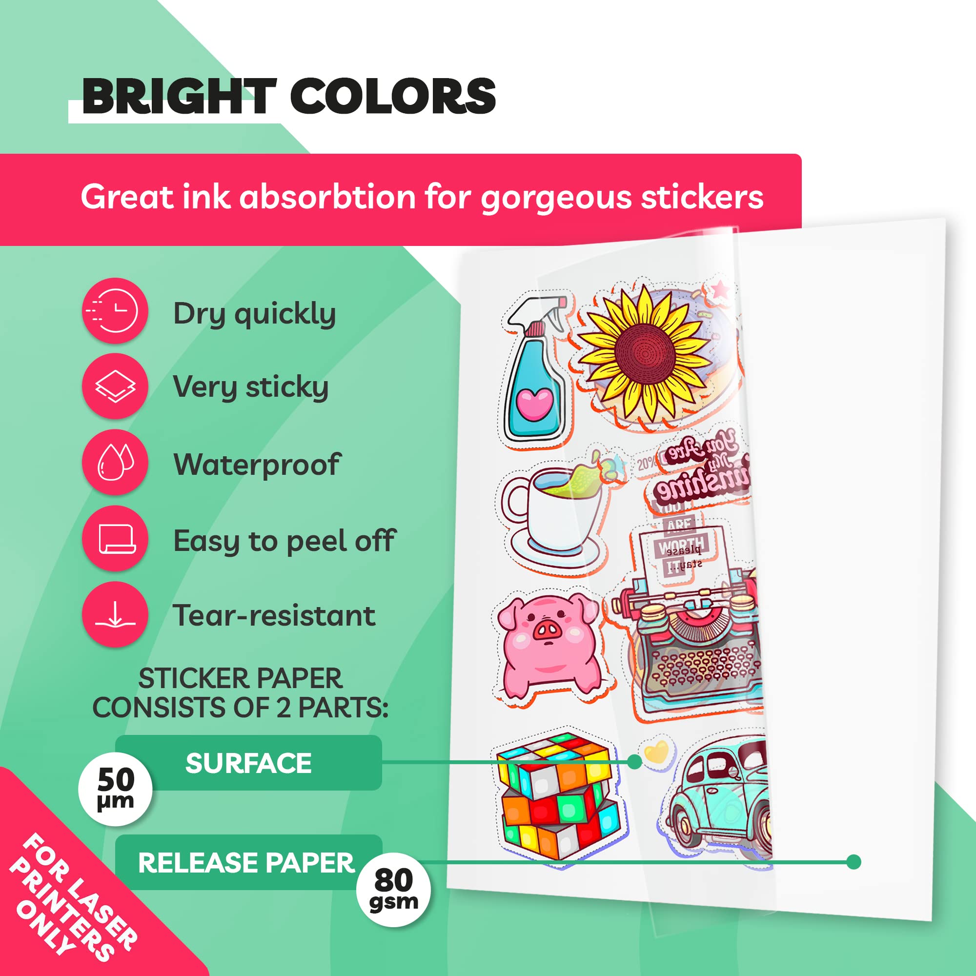Clear Sticker Paper for Laser Printer - (20 Sheets), 8.5 x 11" Letter Size, Glossy Vinyl Sticker Paper - Perfect for Crafting and Vibrant Designs