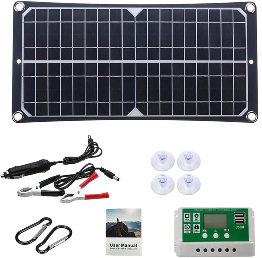 Solar Panel Solar Panel Kit 50W 18V Battery Charger Monocrystalline Pv Module with Solar Panel + Solar Controller + Car Charger + Battery Clip + Carabiner + Suction Cup, for Rv Camping Trail