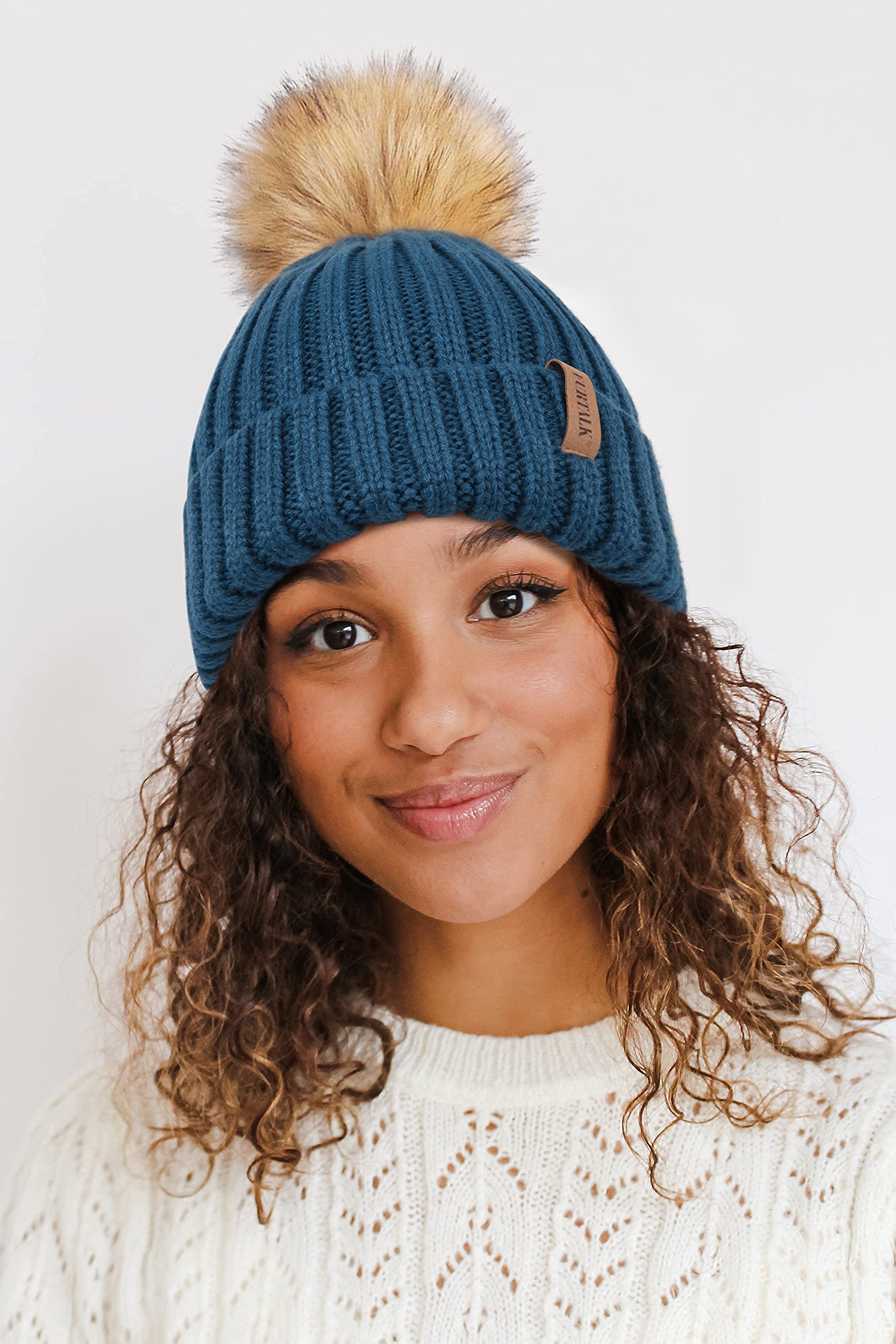 FURTALK Womens Beanie Satin Lined Knitted Beanie with Pom Winter Hats for Women (Blue)