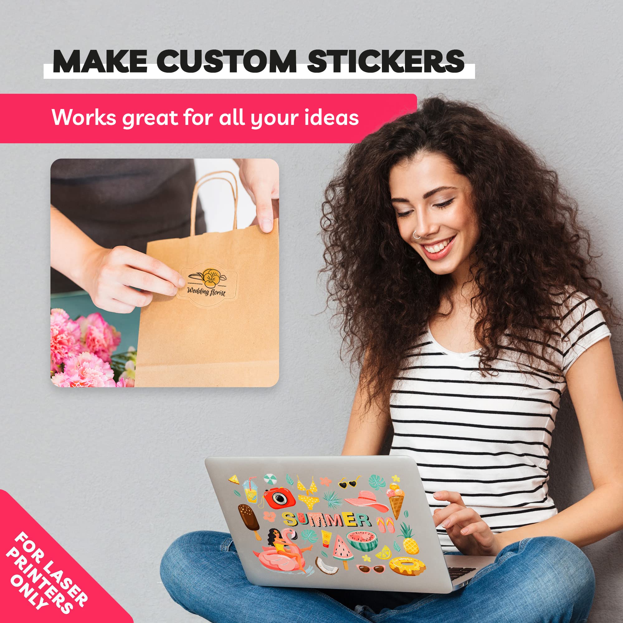 Clear Sticker Paper for Laser Printer - (20 Sheets), 8.5 x 11" Letter Size, Glossy Vinyl Sticker Paper - Perfect for Crafting and Vibrant Designs