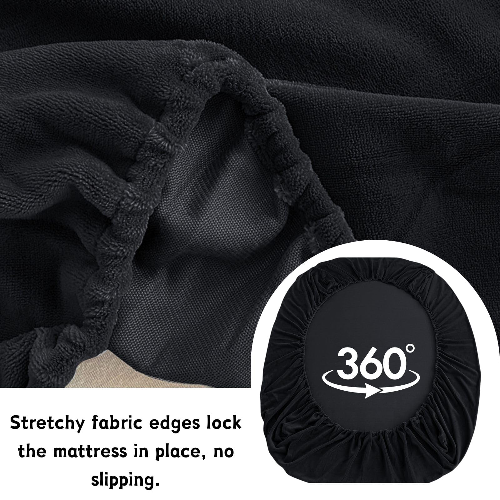LweiPsqLin Velvet Fitted Sheet King Size,Fleece Plush Bed Sheet Mattress Protector Cover with 15'' Deep Pocket Warm Fuzzy Bottom Sheet,Black (Not Include Pillowcases)