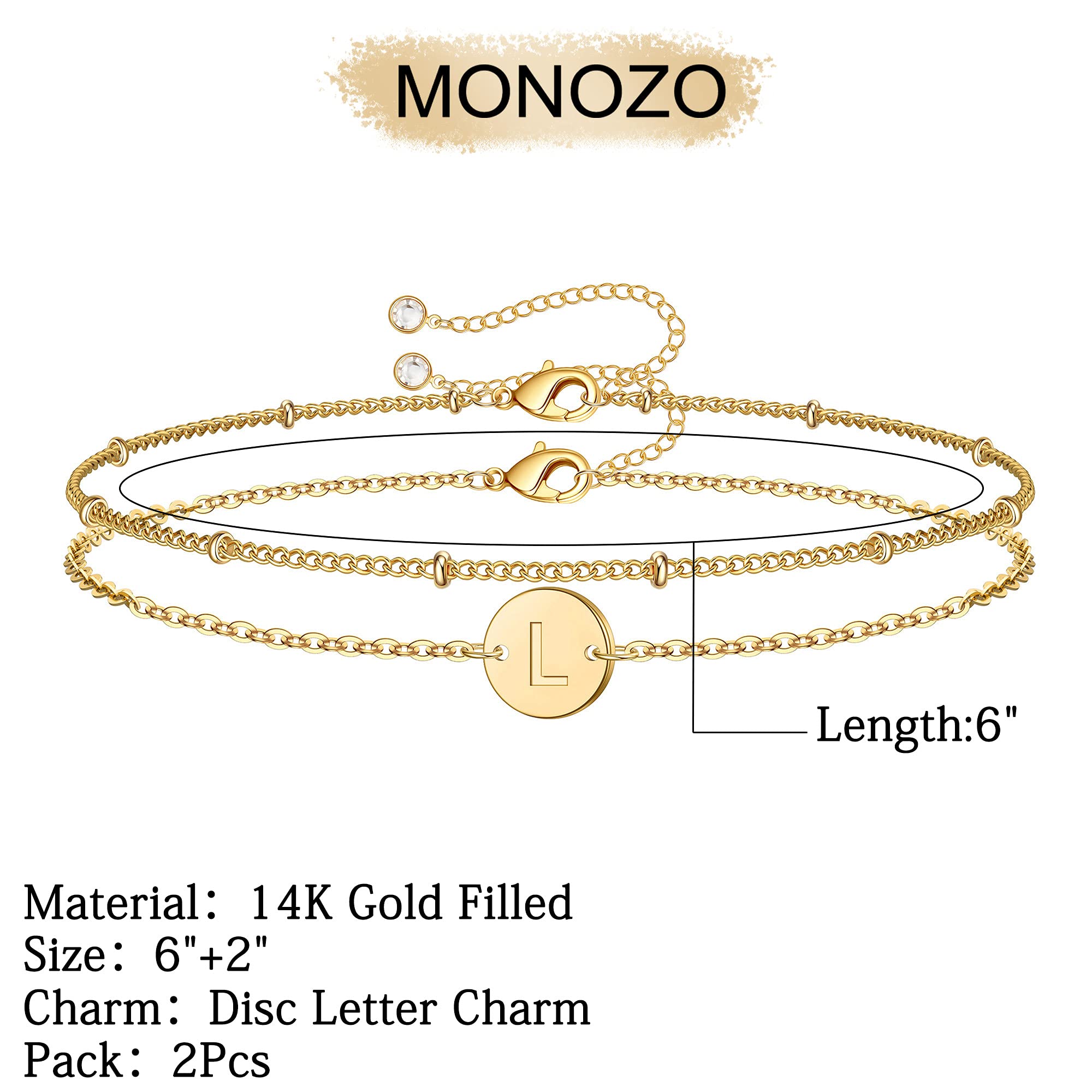 MONOZO Gold Initial Bracelets for Women, Dainty 14K Gold Filled Layered Beaded L Letter Initial Bracelet Personalized Alphabet Disc Monogram Charm Bracelet Jewelry Gifts for Her