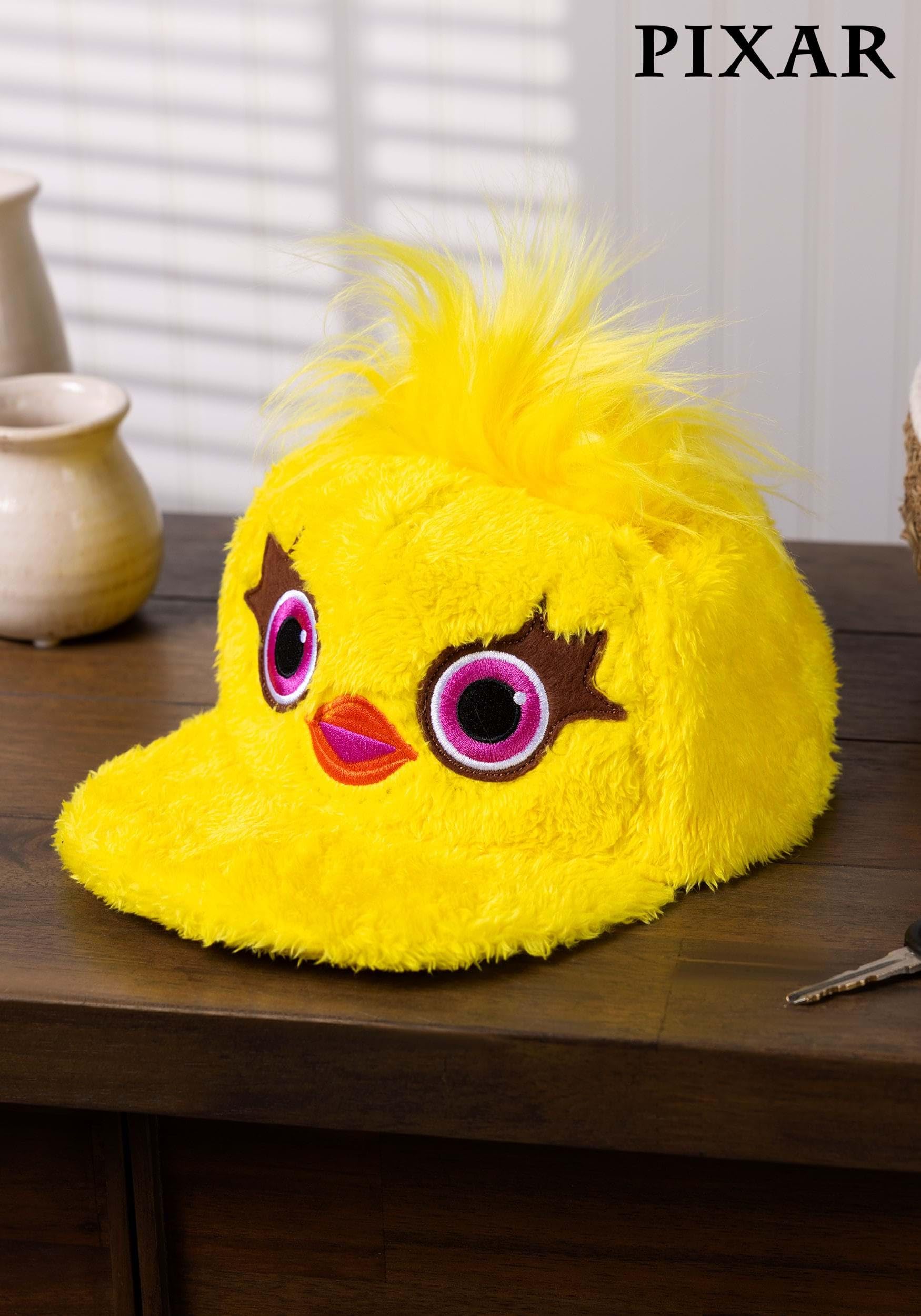 elope Disney Ducky Toy Story Fuzzy Cap - Faux Fur with Embroidered Features - One Size Fits Most - Yellow