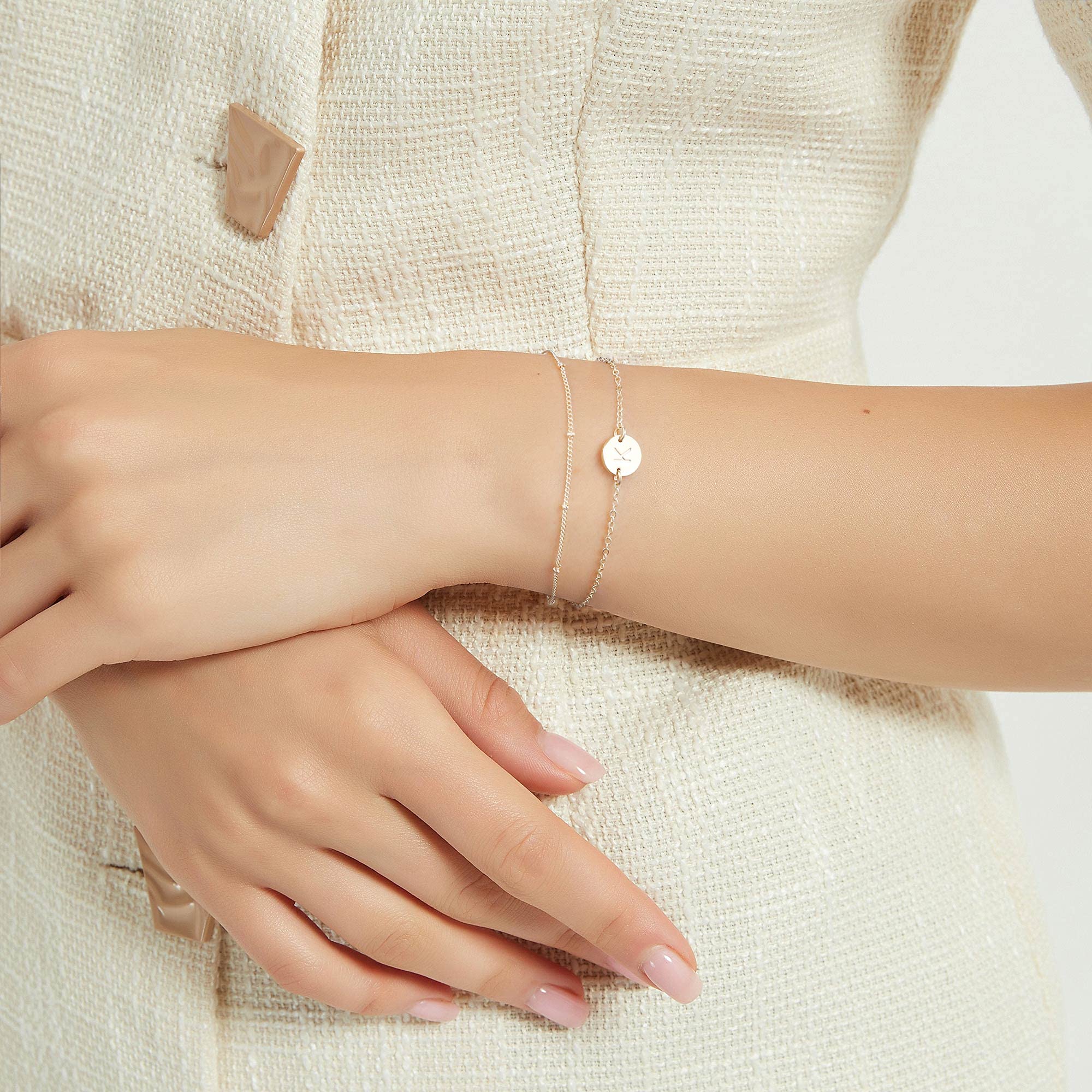 MONOZO Gold Initial Bracelets for Women, Dainty 14K Gold Filled Layered Beaded L Letter Initial Bracelet Personalized Alphabet Disc Monogram Charm Bracelet Jewelry Gifts for Her