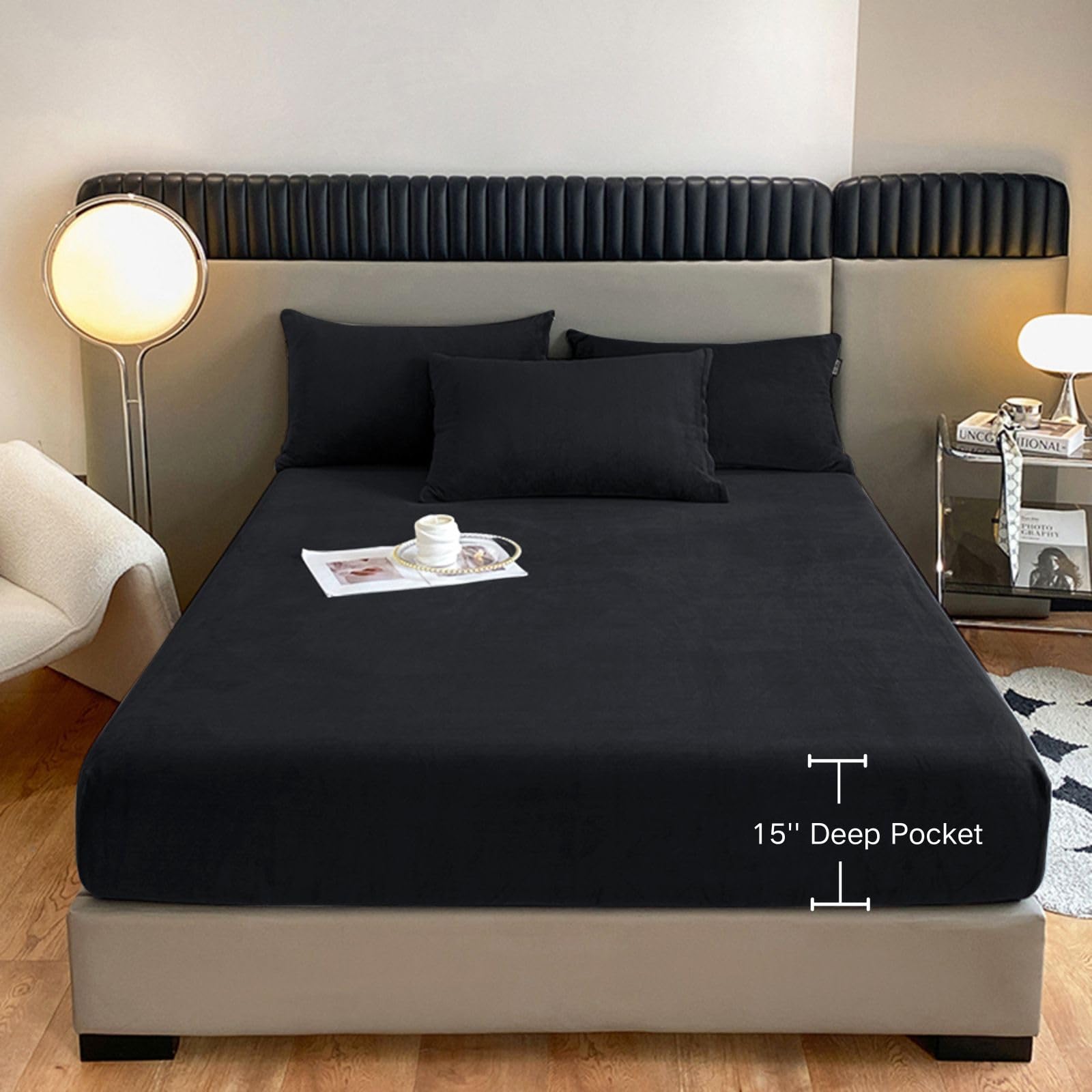 LweiPsqLin Velvet Fitted Sheet King Size,Fleece Plush Bed Sheet Mattress Protector Cover with 15'' Deep Pocket Warm Fuzzy Bottom Sheet,Black (Not Include Pillowcases)