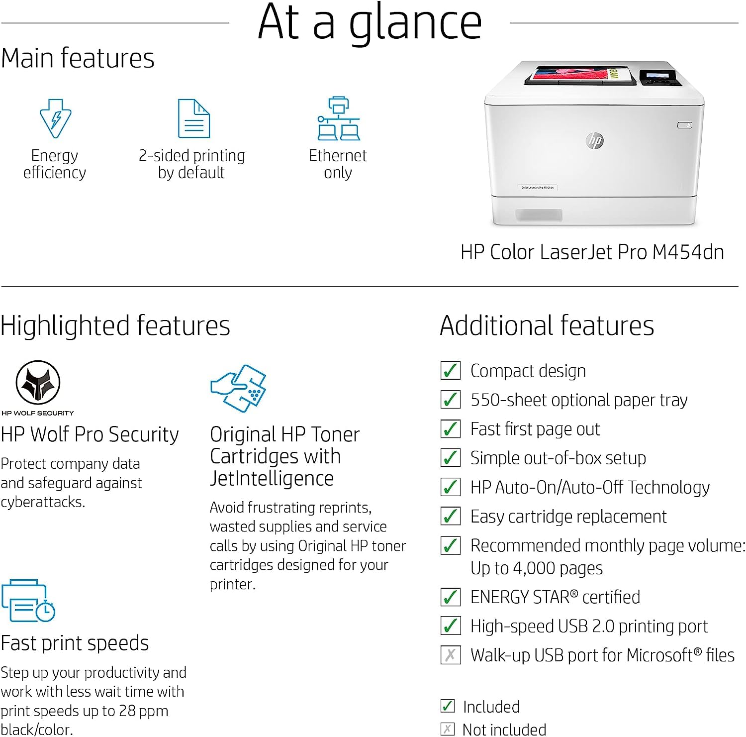 HP Color Laserjet Pro M454dn Single-Function Wired Laser Printer, Print only - Auto Duplex Printing, 8.5 x 14, 2-line Backlit LCD Display, 28 ppm, 600 x 600 dpi, USB, Ethernet, Cbmou Printer Cable