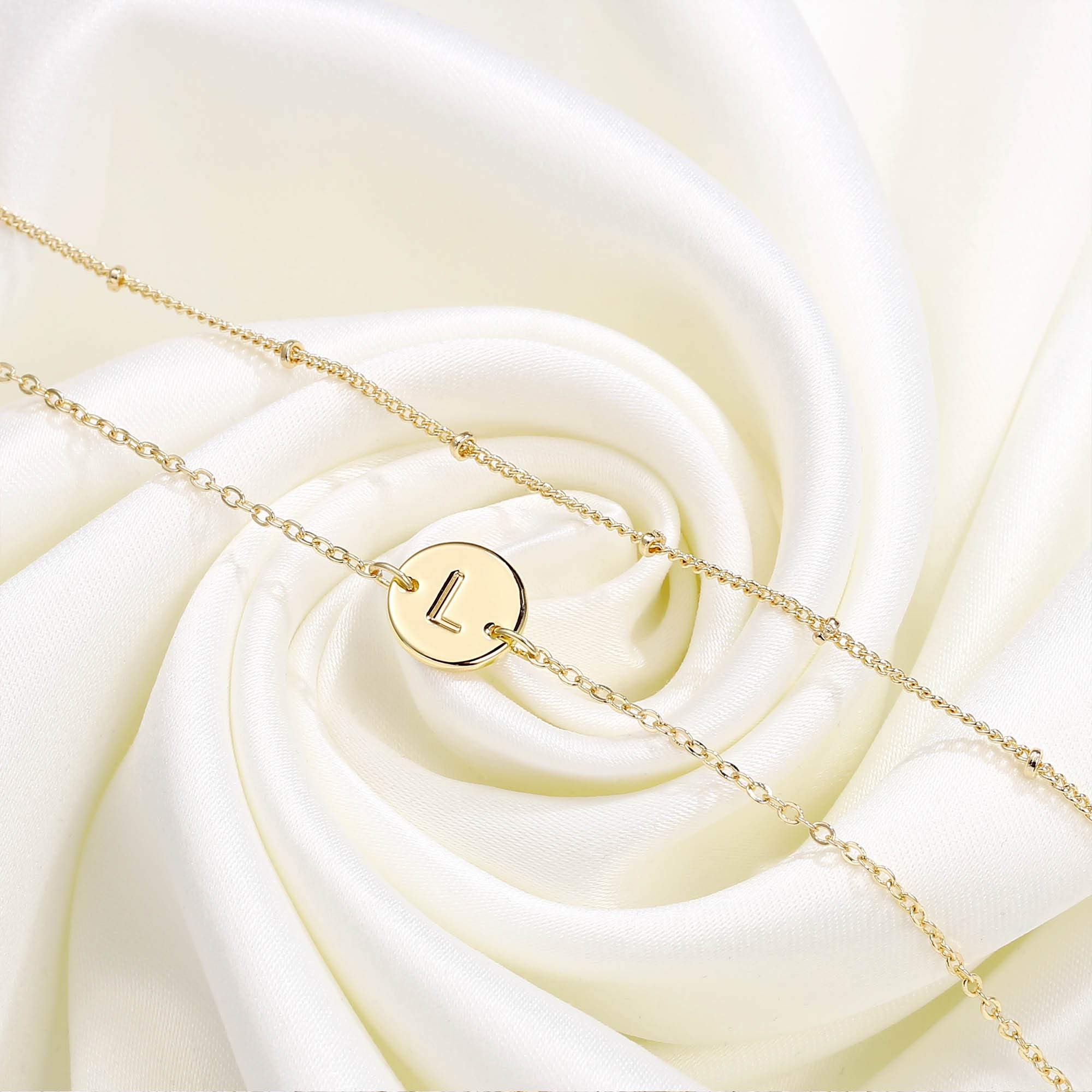 MONOZO Gold Initial Bracelets for Women, Dainty 14K Gold Filled Layered Beaded L Letter Initial Bracelet Personalized Alphabet Disc Monogram Charm Bracelet Jewelry Gifts for Her