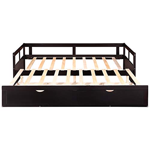 Wood Daybed with Trundle and 2 Storage Drawers Extendable Storage Sofa Bed Frame with Wooden Slats for Bedroom Living Room Guest Room, Convertible Twin To King Design, No Box Spring Needed (Espresso)