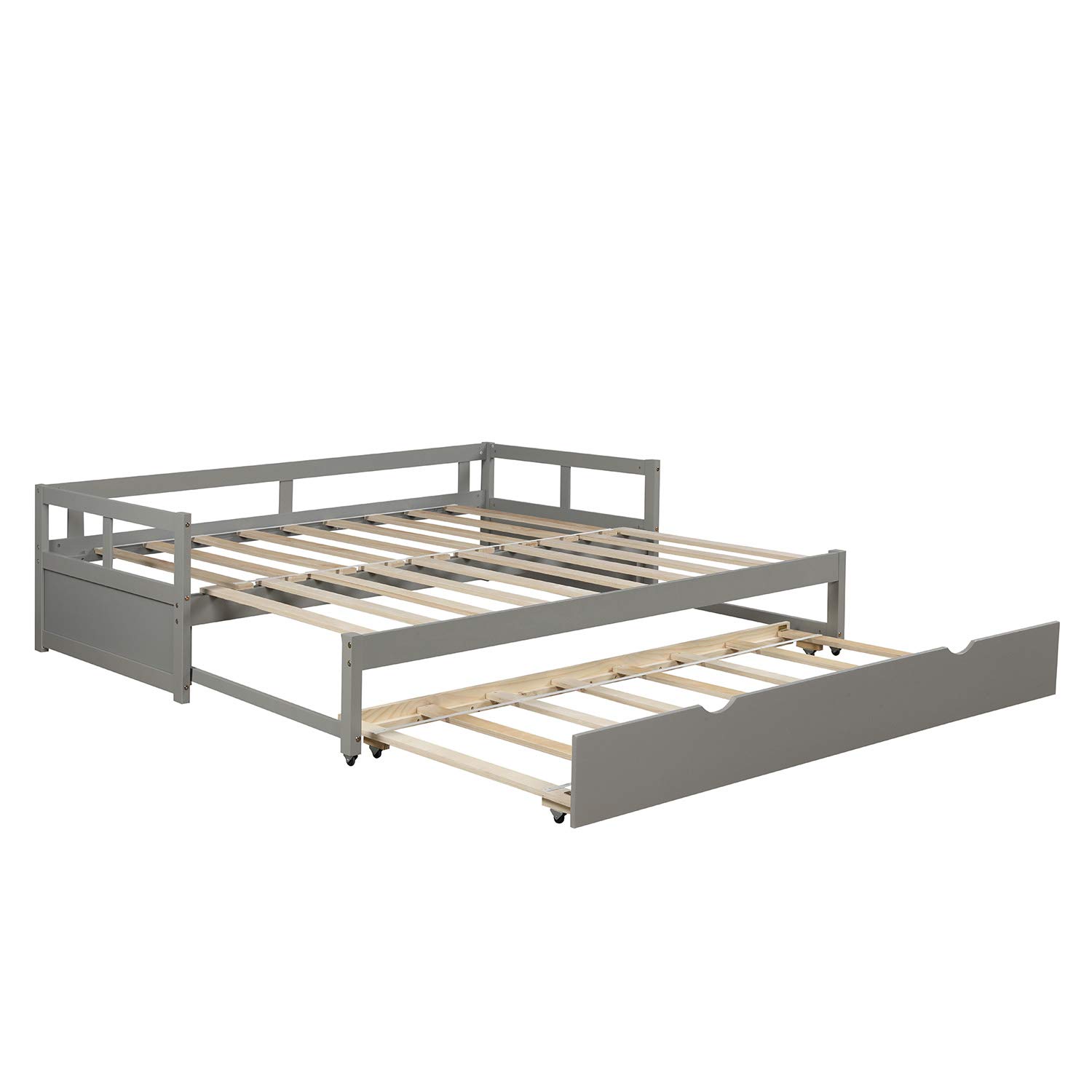 Rhomtree Twin to King Extending Day Bed with Twin Trundle Platform Bed Frame Sofa Bed for Bedroom Living Room No Box Spring Required (Grey)