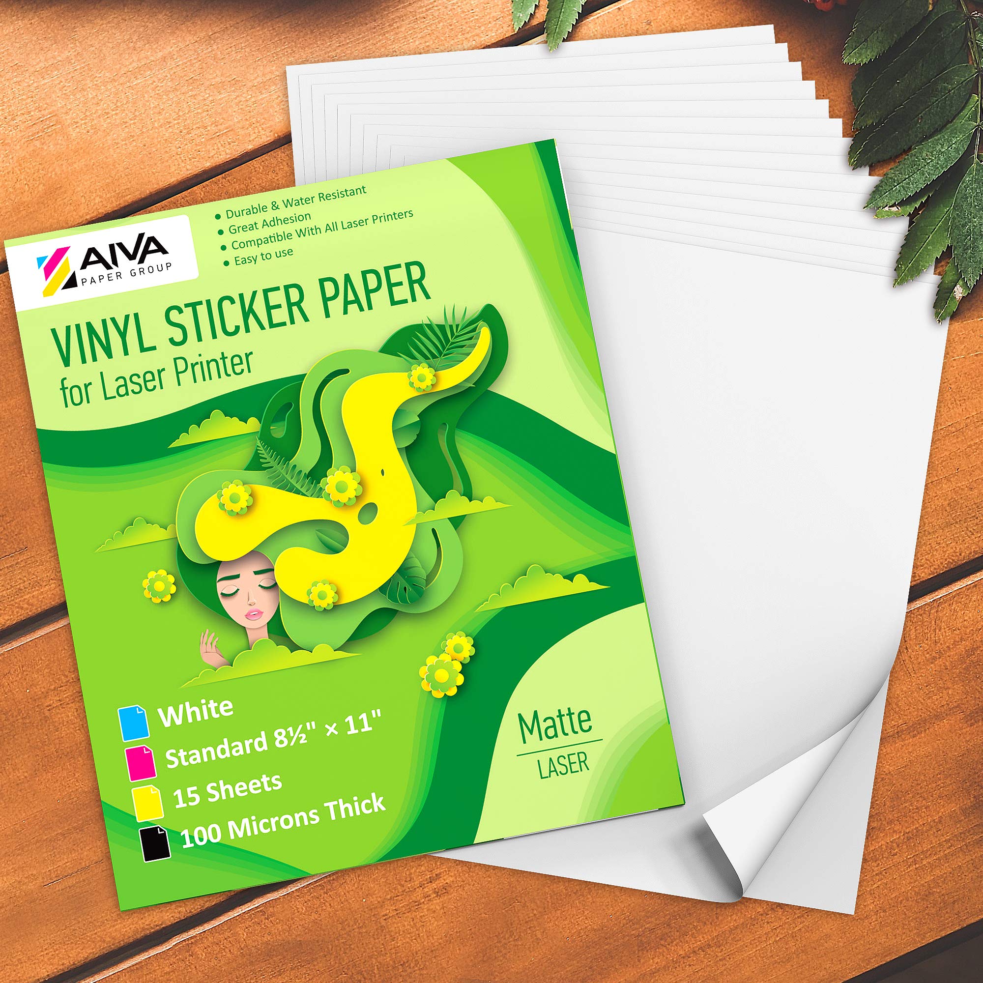 Printable Vinyl Sticker Paper for Laser Printer - Matte White - 15 Self-Adhesive Sheets - Waterproof Decal Paper - Standard Letter Size 8.5"x11"