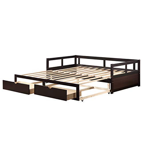 Wood Daybed with Trundle and 2 Storage Drawers Extendable Storage Sofa Bed Frame with Wooden Slats for Bedroom Living Room Guest Room, Convertible Twin To King Design, No Box Spring Needed (Espresso)