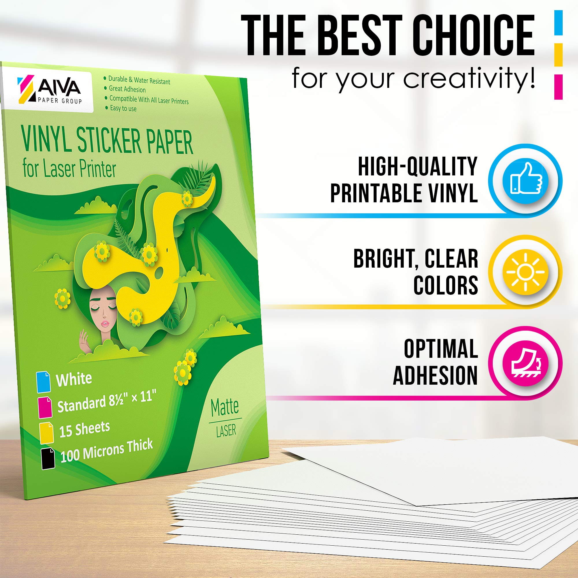 Printable Vinyl Sticker Paper for Laser Printer - Matte White - 15 Self-Adhesive Sheets - Waterproof Decal Paper - Standard Letter Size 8.5"x11"