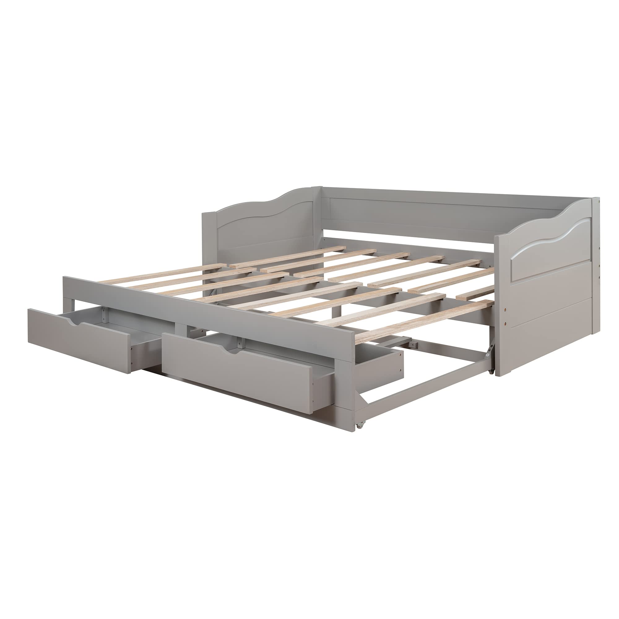 Polibi Extendable Daybed, Wooden Daybed with Trundle Bed and Two Drawers, Convertible Sofa Bed with 2 Storage Drawers, Can be Expanded from Twin Size to King Size (Grey)