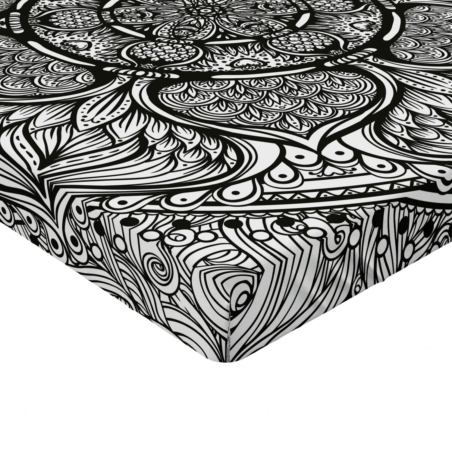 Ambesonne Ethnic Fitted Sheet, Mandala Inspired Art Hand Drawn Paisley Pattern Boho Native, Bed Cover with All-Round Elastic Deep Pocket for Comfort, King Size, Black and White