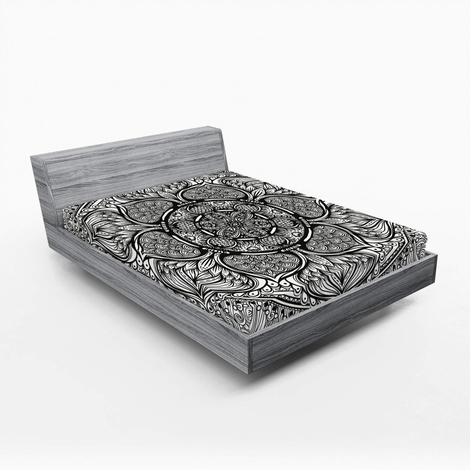 Ambesonne Ethnic Fitted Sheet, Mandala Inspired Art Hand Drawn Paisley Pattern Boho Native, Bed Cover with All-Round Elastic Deep Pocket for Comfort, King Size, Black and White