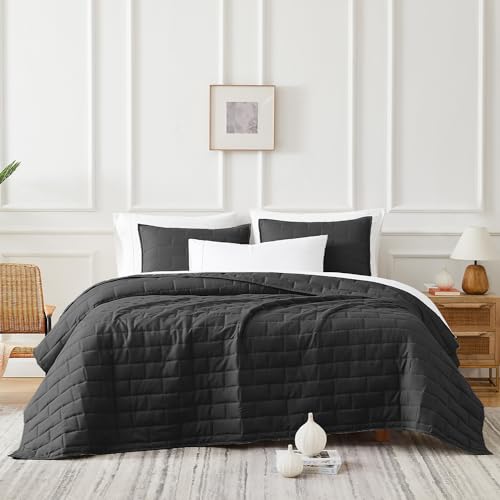 Southshore Fine Living, Inc. Oversized King Quilt Set, Brick Pattern Stitching, Lightweight Bedding Quilt, Soft Coverlet with Matching Pillow Shams, California King Quilt Sets Oversized, Black