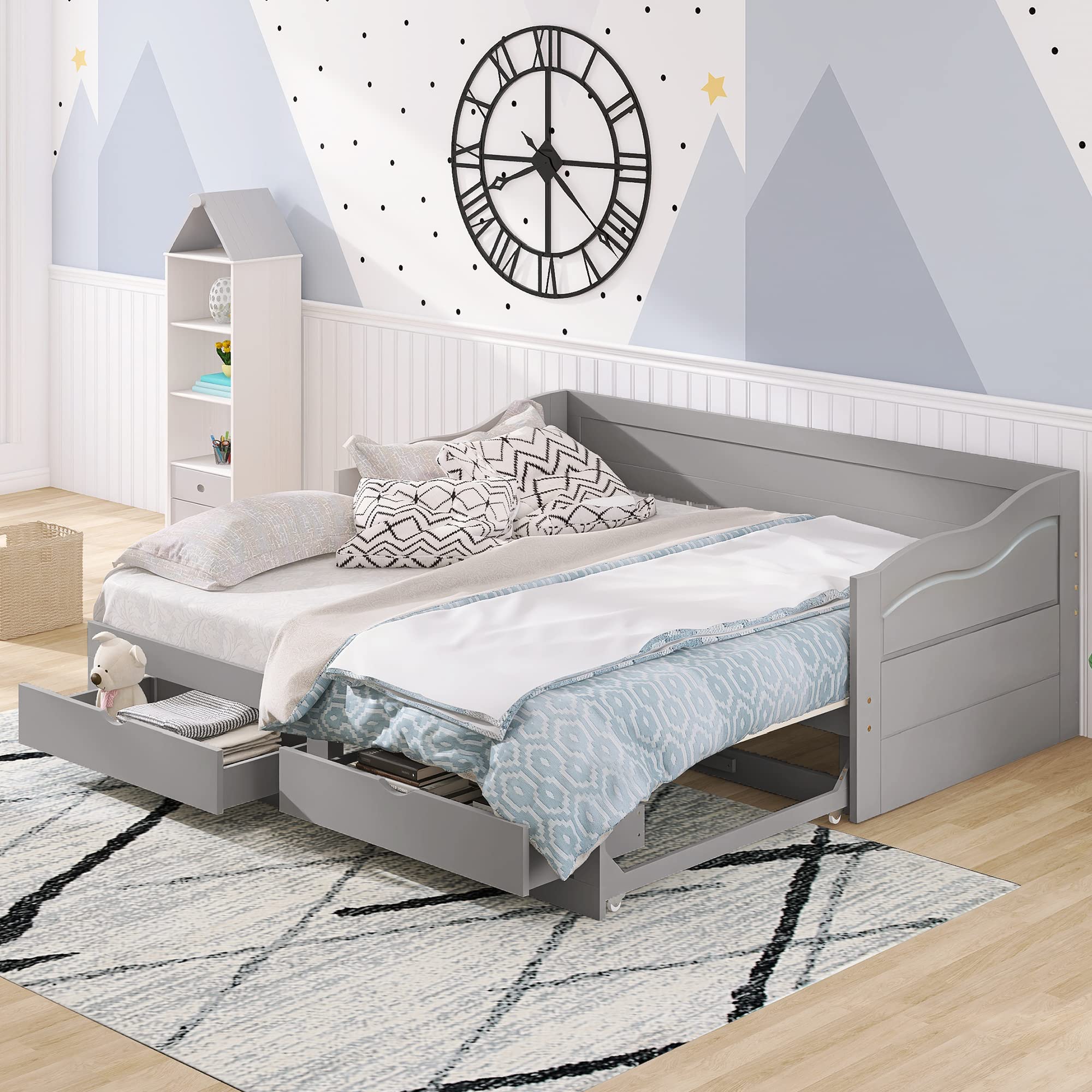 Polibi Extendable Daybed, Wooden Daybed with Trundle Bed and Two Drawers, Convertible Sofa Bed with 2 Storage Drawers, Can be Expanded from Twin Size to King Size (Grey)