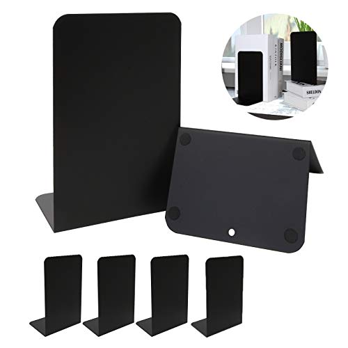 4Pcs Black Metal Bookends, Metal Book Ends to Hold Books, Heavy Duty Bookends for Shelves, 8.0ā x 3.9āx 5.3ā Bookshelf Holder, Antiskid Book Stoppers for Books, Notebooks Files, Office, Home, Movies