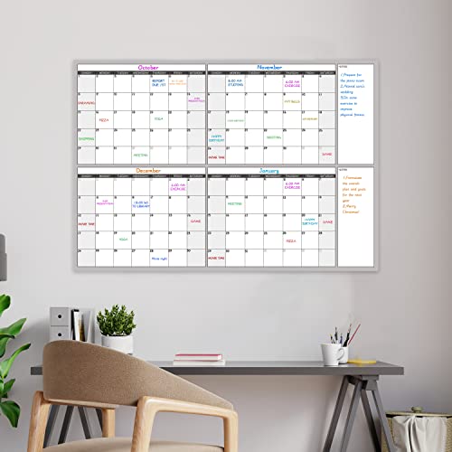 Large Wall Calendar Undated - Dry Erase Calendar for Wall，35.8 '' X 31.8 '' - Four Monthly Dry Erase Reusable Wall Planner - Includes 8 Sticker Dots and 5 Whiteboard Markers