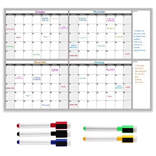 Large Wall Calendar Undated - Dry Erase Calendar for Wall，35.8 '' X 31.8 '' - Four Monthly Dry Erase Reusable Wall Planner - Includes 8 Sticker Dots and 5 Whiteboard Markers