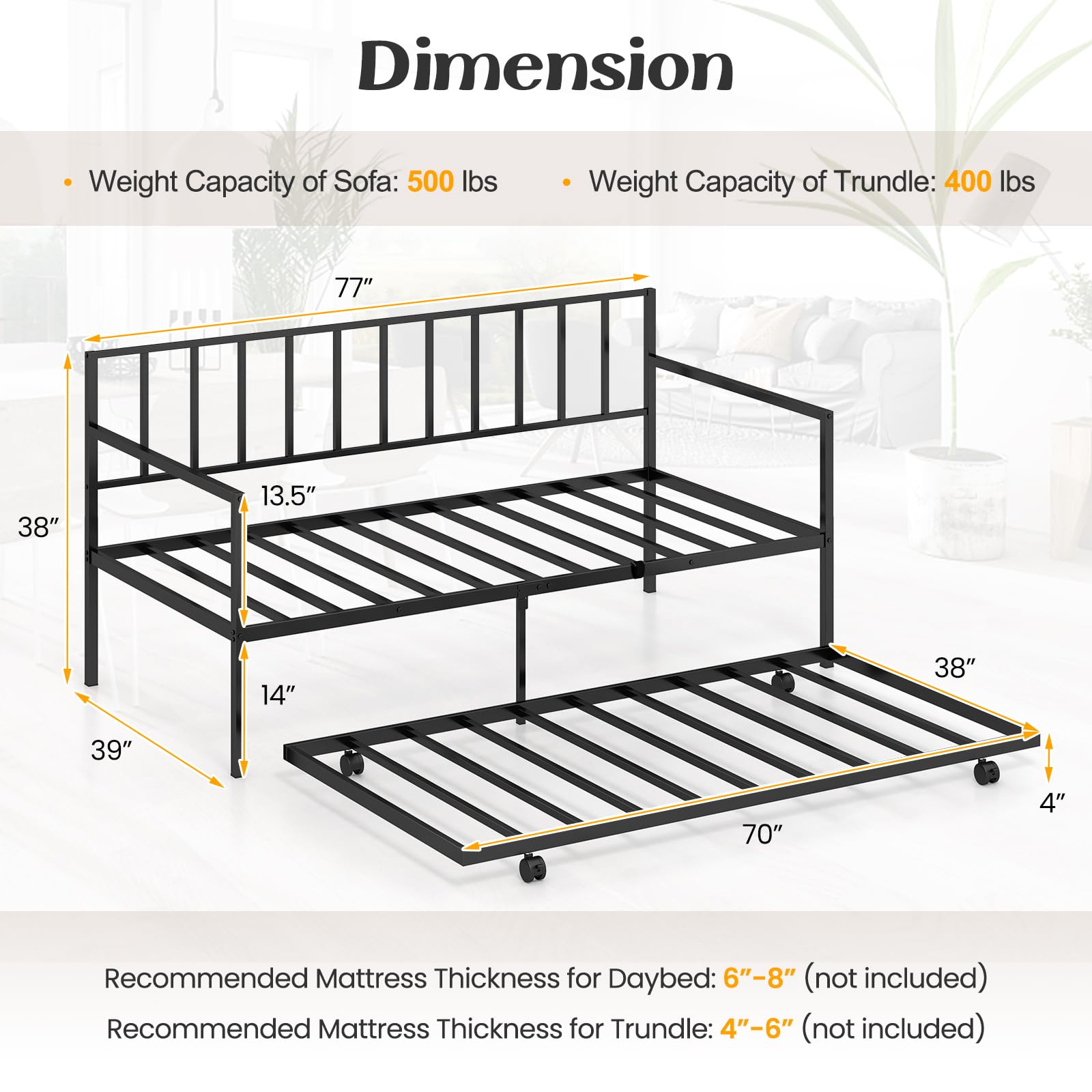 KOMFOTT Twin Metal Daybed with Trundle, Metal Sofa Bed & Pull-Out Trundle Set with Lockable Casters, Daybed for Living Room, No Box Spring Needed