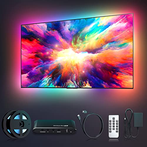 TV LED Backlight with 4K HDMI Sync Box,LED Lighting Strip RGBIC with 7 Scene Mode for 85 Inch and Below TV, Support Remote Control,Sync with Music,TV and Gaming