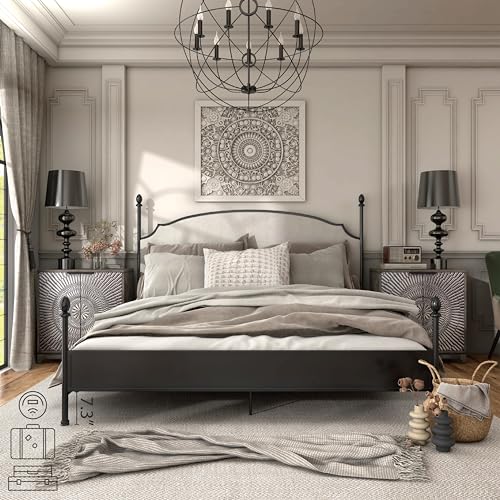 Furniture of America Eleanor Modern Curved Metal Poster Bed King Size with Boucle Fabric Headboard and Panel Style Footboard, Box Spring Required, Gunmetal Black