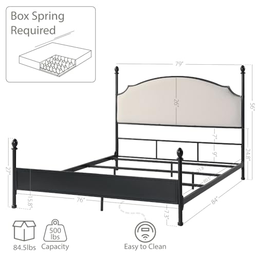 Furniture of America Eleanor Modern Curved Metal Poster Bed King Size with Boucle Fabric Headboard and Panel Style Footboard, Box Spring Required, Gunmetal Black