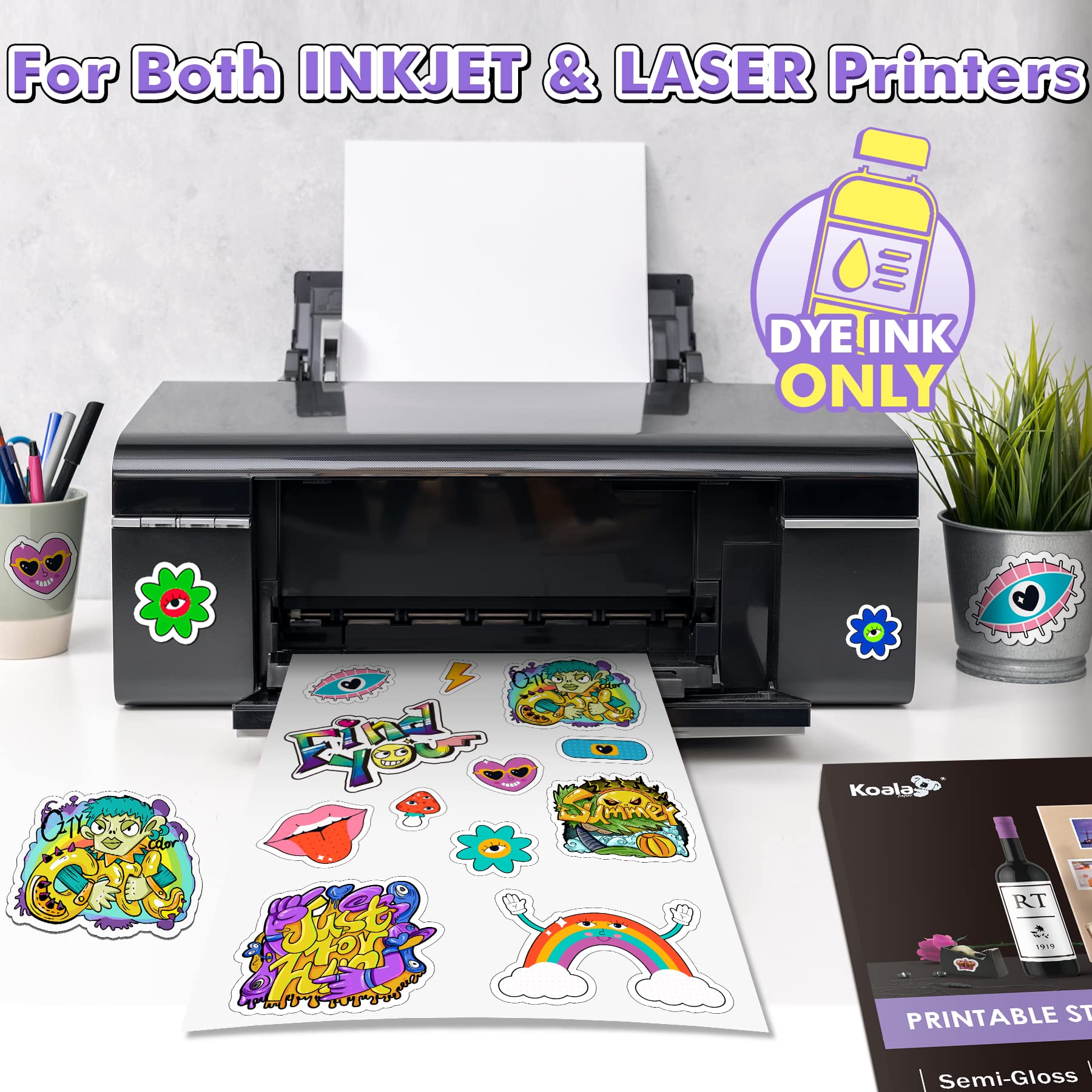 Koala Semi Glossy Sticker Paper for Inkjet and Laser Printer 100 Sheets Printable Sticker Paper, 8.5 x 11 Inch Adhesive Photo Sticker Paper, Work Well with Cutting Machine