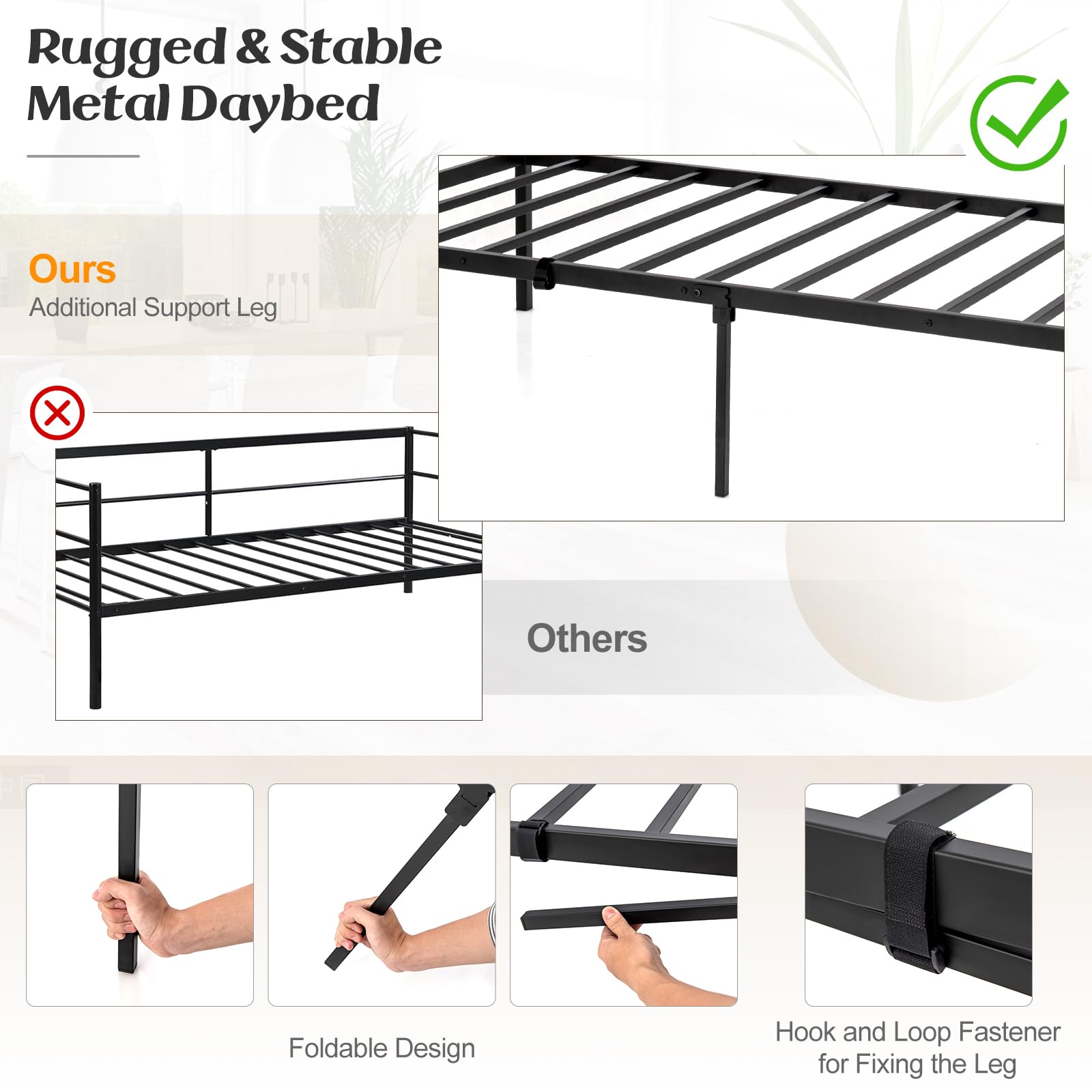 KOMFOTT Twin Metal Daybed with Trundle, Metal Sofa Bed & Pull-Out Trundle Set with Lockable Casters, Daybed for Living Room, No Box Spring Needed