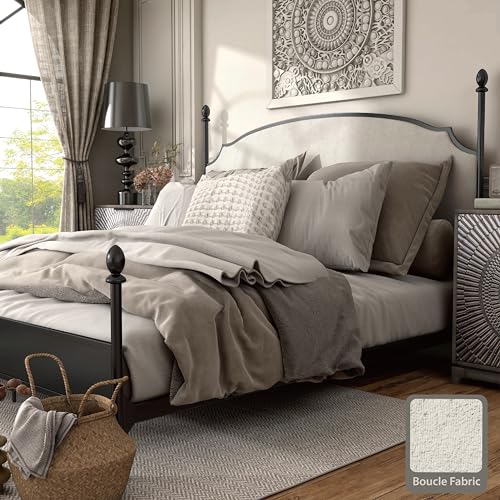 Furniture of America Eleanor Modern Curved Metal Poster Bed King Size with Boucle Fabric Headboard and Panel Style Footboard, Box Spring Required, Gunmetal Black