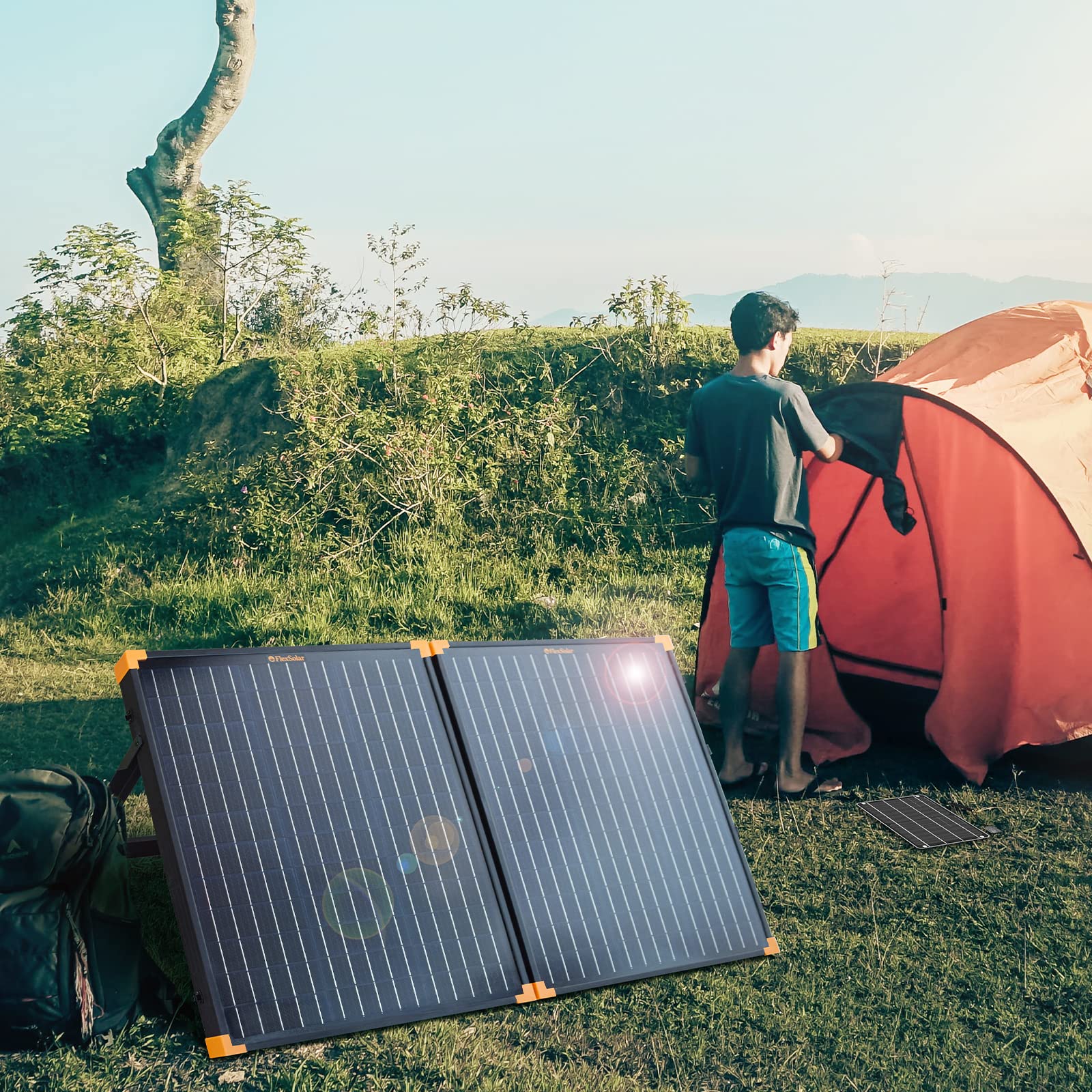 FlexSolar Solar Panel 100 Watt Foldable Waterproof PV Module SAE DC Anderson Output Power Charger with 20A PWM Controller for RV Battery, Power Station