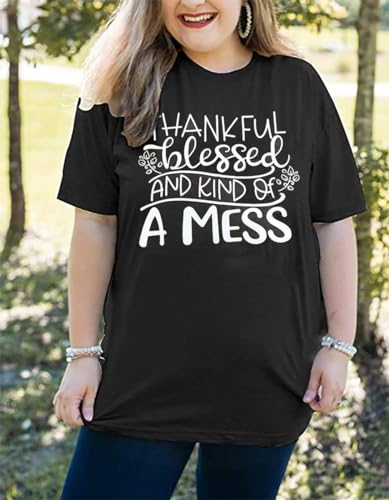 Plus Size Thankful Blessed and Kind of A Mess Shirt Women Thanksgiving Thankful Tshirt Casual Short Sleeve Fall Tee Top