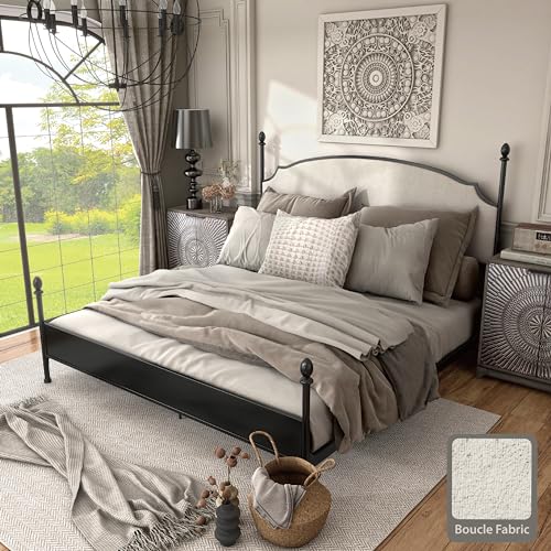 Furniture of America Eleanor Modern Curved Metal Poster Bed King Size with Boucle Fabric Headboard and Panel Style Footboard, Box Spring Required, Gunmetal Black