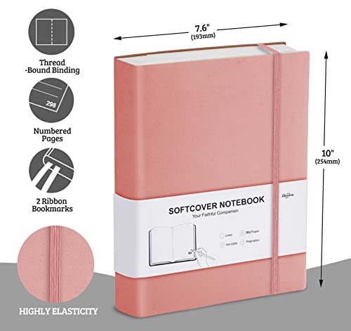 Lined Notebook Journal Softcover, B5 Thick Leather Journal with Lined Paper 100gsm, Lined Journal for Women, Large College Ruled Journals Notebooks for Writing, Men Work, 7.6'' X 10'' - 304 Pages Pink