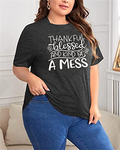 Plus Size Thankful Blessed and Kind of A Mess Shirt Women Thanksgiving Thankful Tshirt Casual Short Sleeve Fall Tee Top