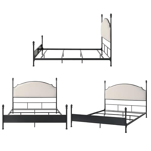 Furniture of America Eleanor Modern Curved Metal Poster Bed King Size with Boucle Fabric Headboard and Panel Style Footboard, Box Spring Required, Gunmetal Black