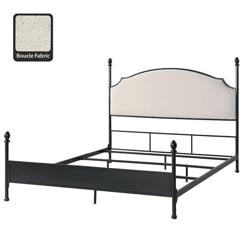 Furniture of America Eleanor Modern Curved Metal Poster Bed King Size with Boucle Fabric Headboard and Panel Style Footboard, Box Spring Required, Gunmetal Black