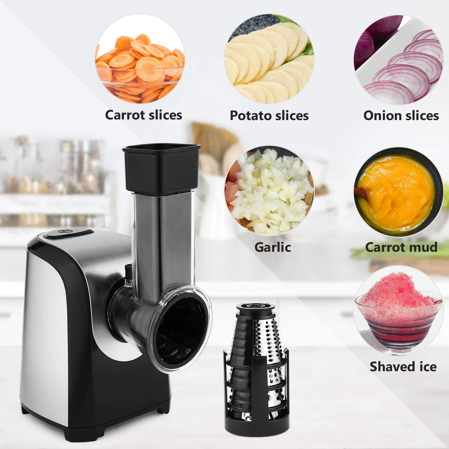 5 In 1 Professional Cheese Grater Electric, Electric Cheese Grater for Block Cheese Grater Shredder Salad Maker for Cheeses, Shredded Carrots Cabbage and Nuts for Home Kitchen Use, BPA-Free