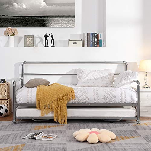 Aoowow Twin Size Metal Daybed with Trundle, Heavy Duty Steel Daybed with Pop Up Trundle Bed,Extendable Daybed Twin to King Size (Silver)