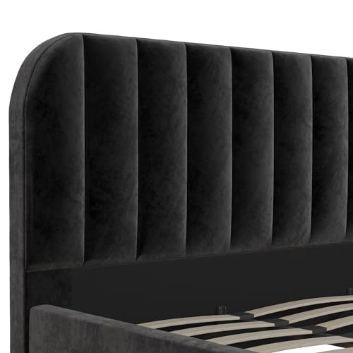 DHP Camilla Upholstered Platform Bed with Luxe Vertical Channel Tufted Headboard, No Box Spring Needed, King, Black Velvet
