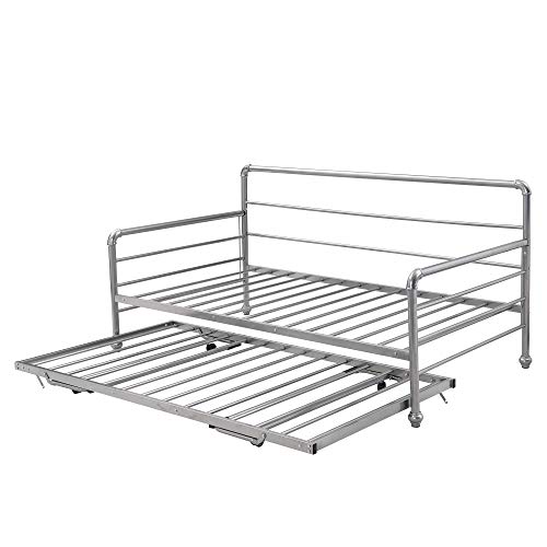 Aoowow Twin Size Metal Daybed with Trundle, Heavy Duty Steel Daybed with Pop Up Trundle Bed,Extendable Daybed Twin to King Size (Silver)