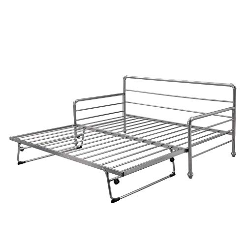 Aoowow Twin Size Metal Daybed with Trundle, Heavy Duty Steel Daybed with Pop Up Trundle Bed,Extendable Daybed Twin to King Size (Silver)