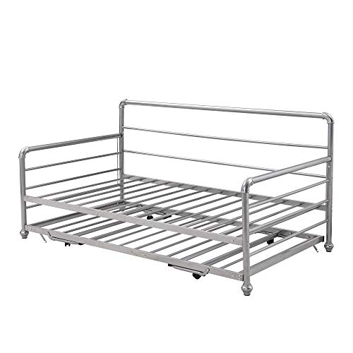 Aoowow Twin Size Metal Daybed with Trundle, Heavy Duty Steel Daybed with Pop Up Trundle Bed,Extendable Daybed Twin to King Size (Silver)
